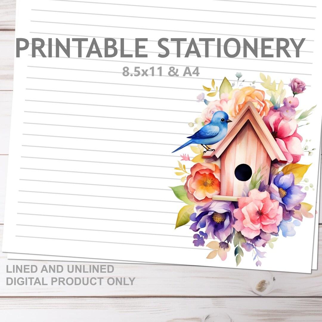 Floral Birdhouse Digital Printable Stationery Lined A4 & 8.5x11 US ...