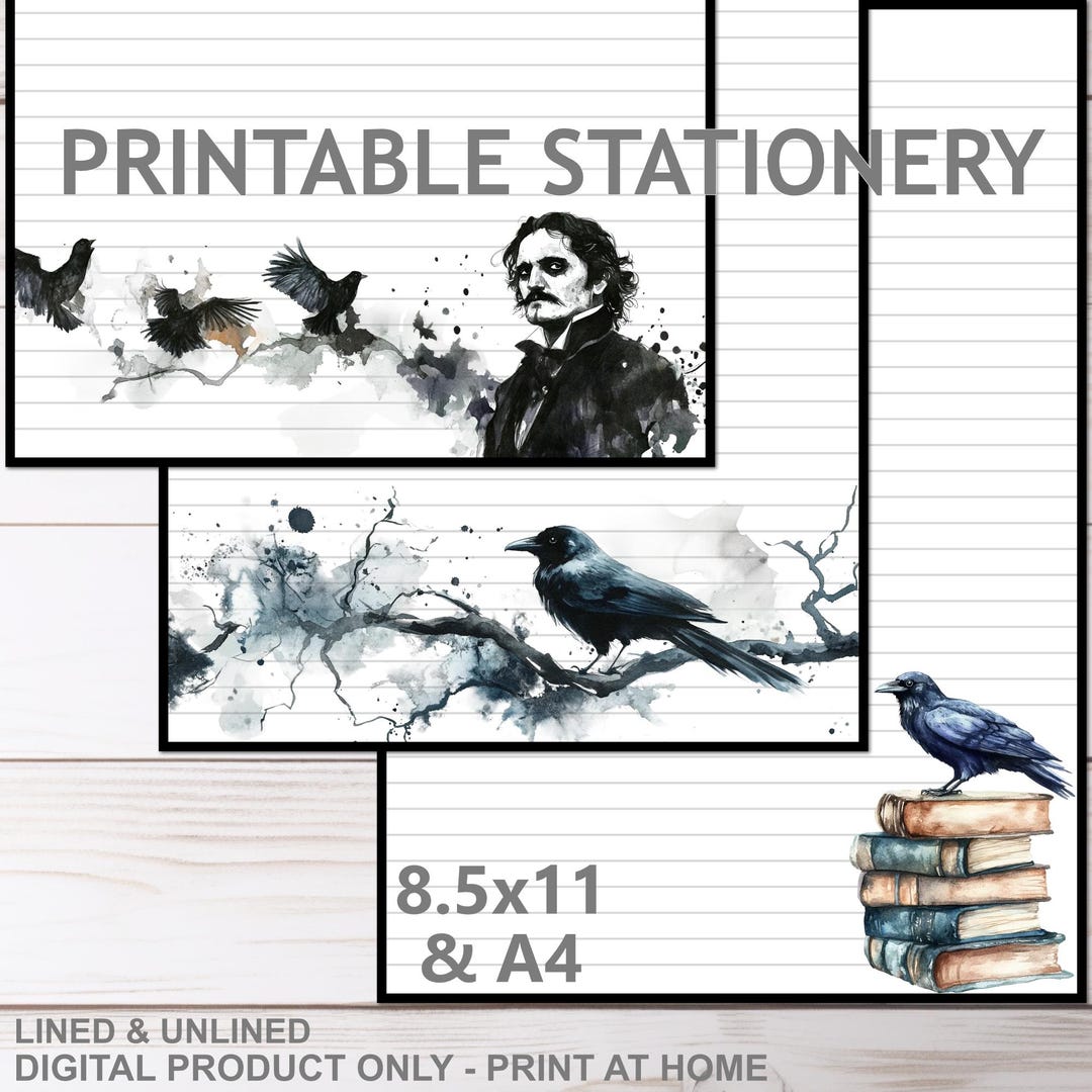 Edgar Allan Poe Raven Themed Printable Stationery A4 8.5x11 US Letter ...