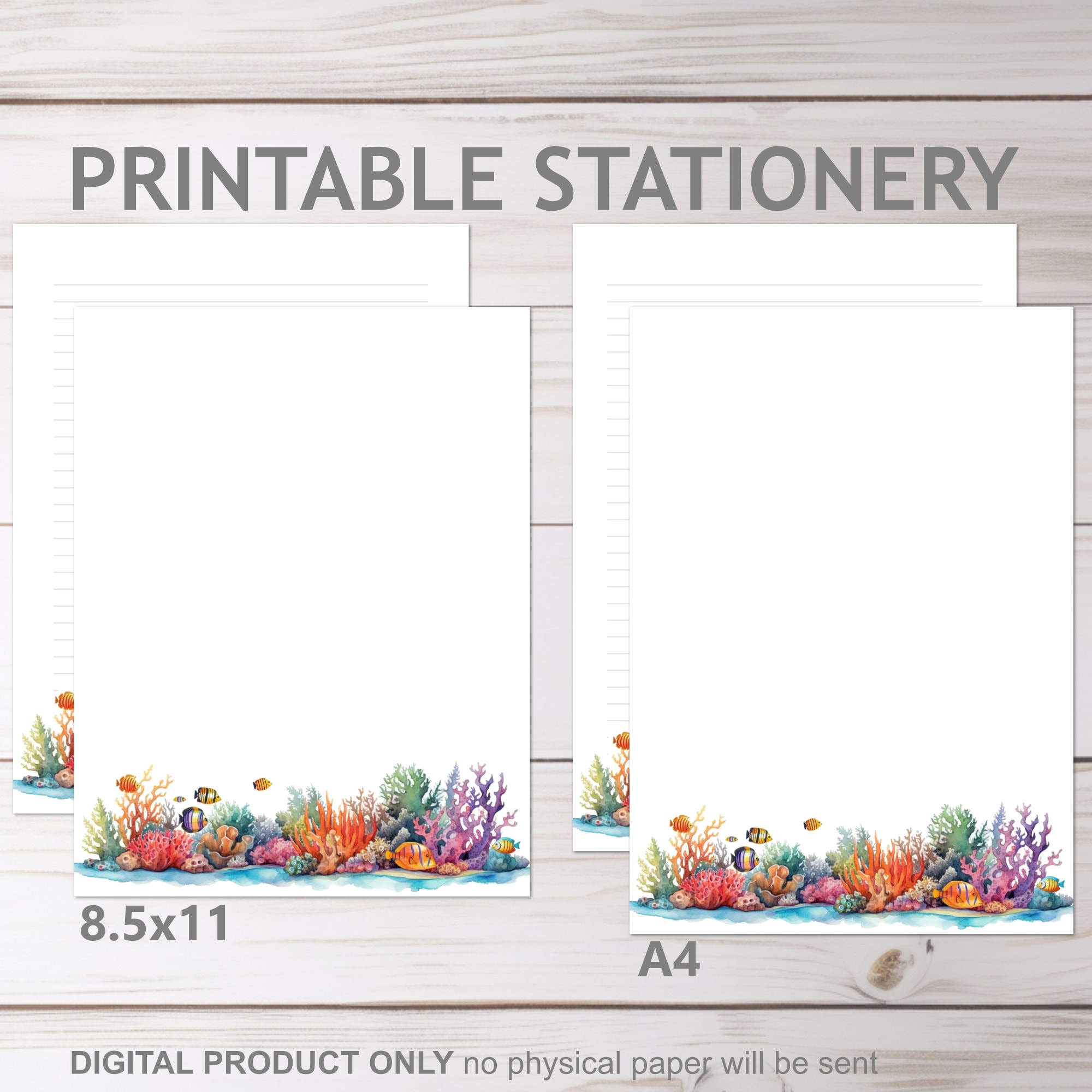 Coral Reef Tropical Fish Printable Stationery Set Lined and Unlined in ...