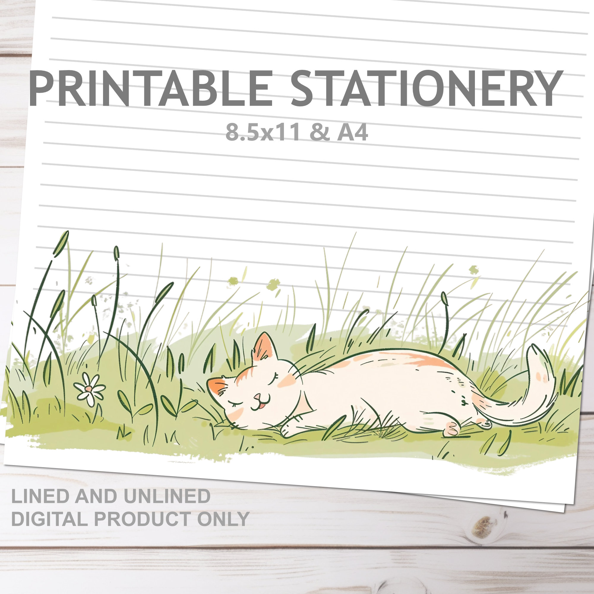 Cute Cats in Grass Printable Stationery in A4 and 8.5x11 US Letter Size ...