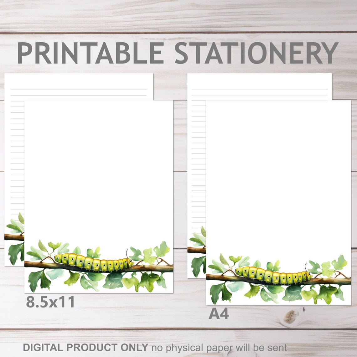 Caterpillar on Tree Branch Printable Stationery Lined and Unlined in A4 ...