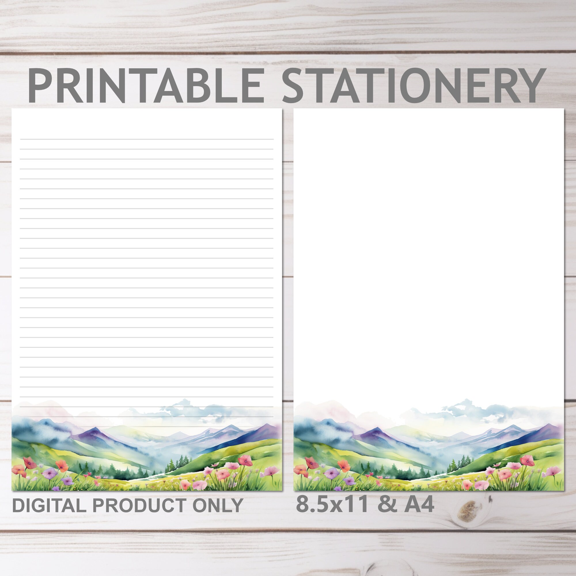 Mountain Flowers Watercolor Printable Stationery Lined and Unlined A4 ...