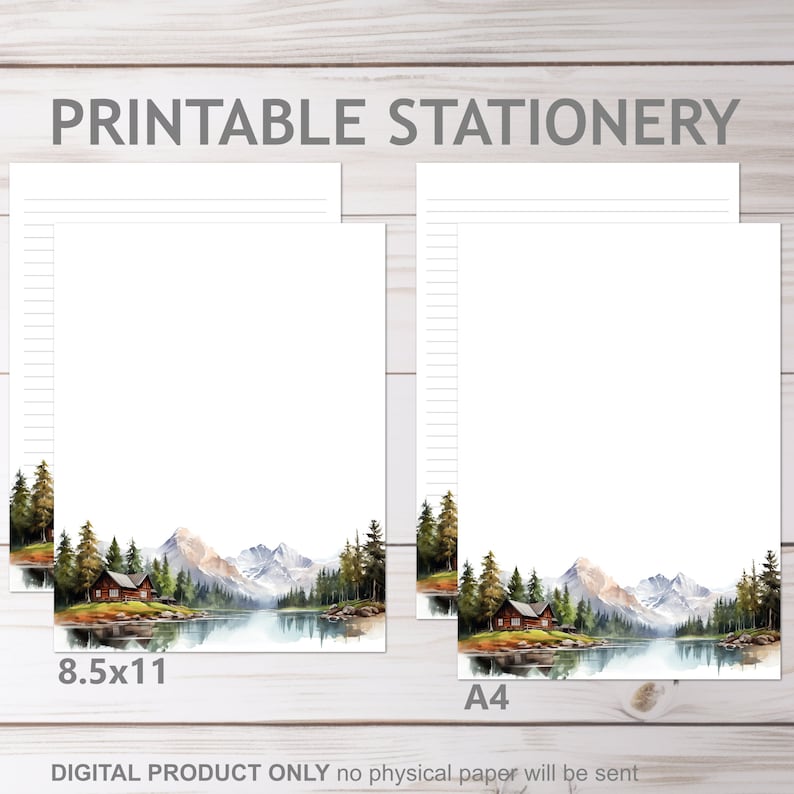 Mountain Log Cabin Printable Stationery Paper Lined and Without Lines ...