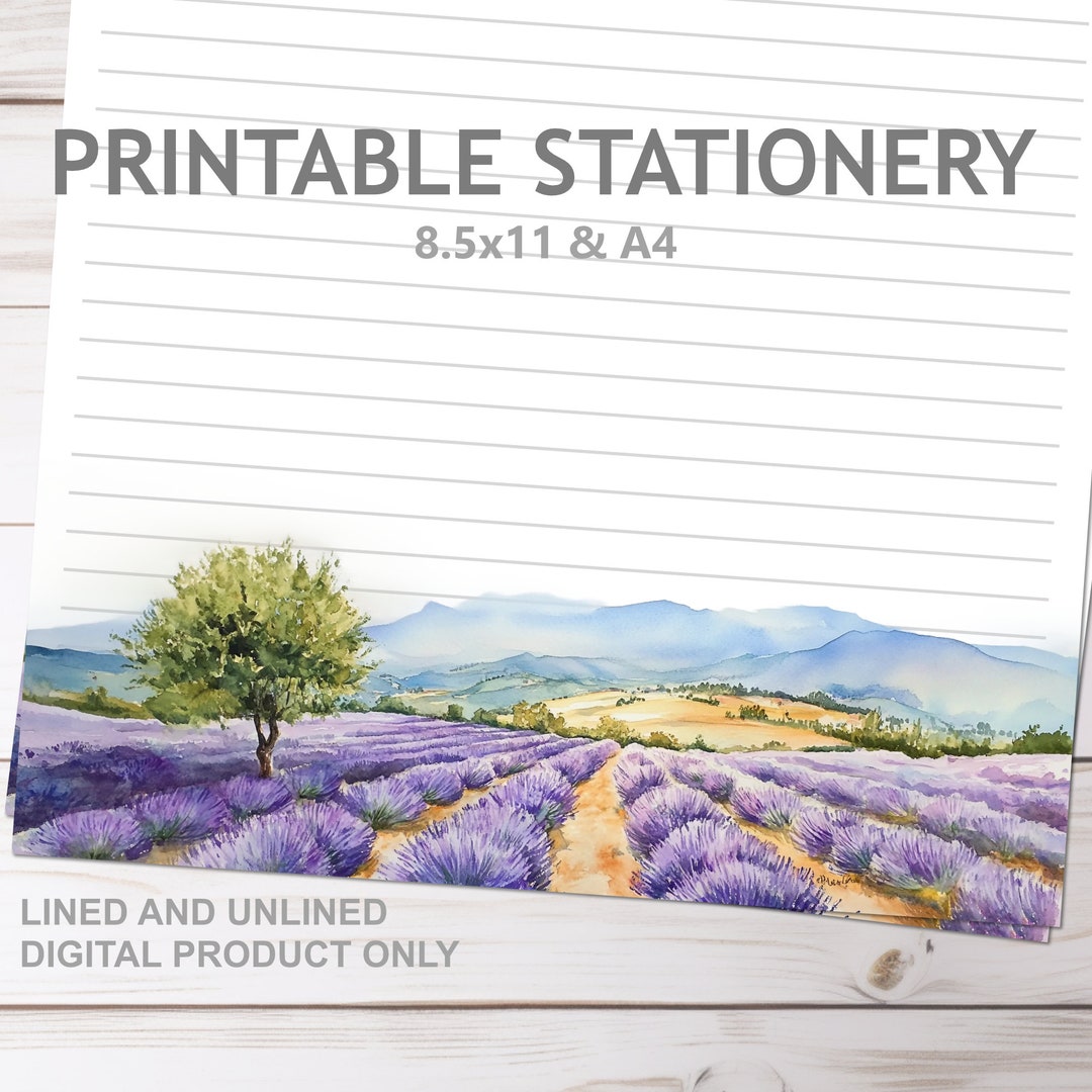 Lavender Flower Fields Digital Printable Stationery Lined and Unlined ...