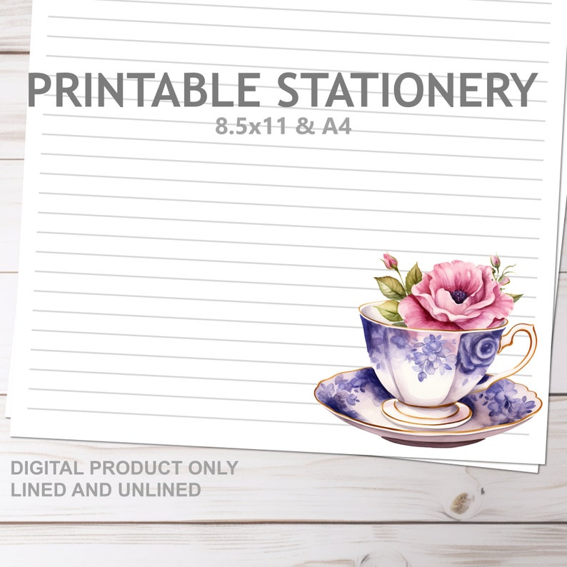 Flower Teacup Mother's Day Printable Stationery Lined and Unlined in A4 ...