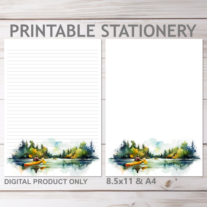 Kayak Lake Ocean Beach Printable Stationery Paper Lined and Without ...
