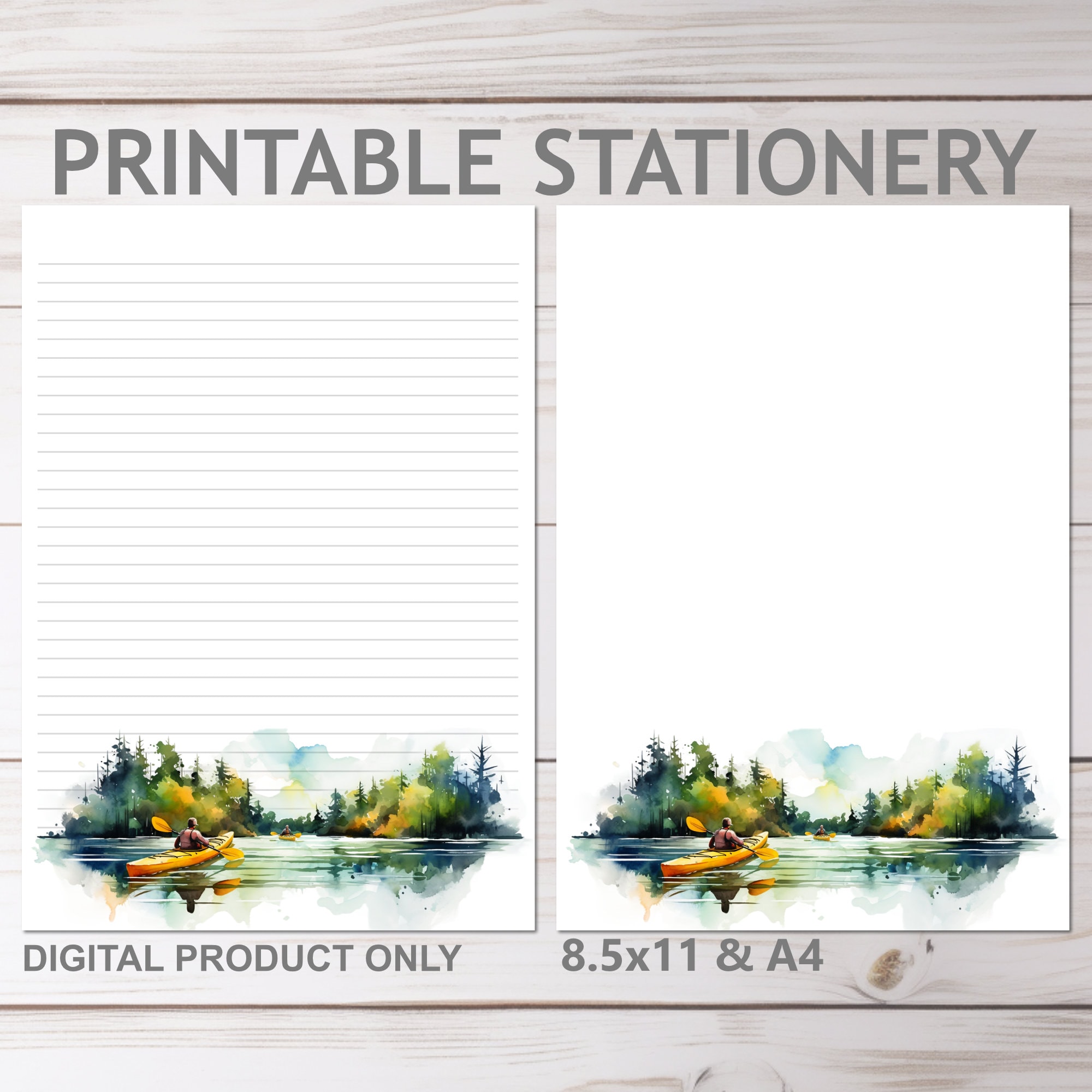 Kayak Lake Ocean Beach Printable Stationery Paper Lined and Without ...