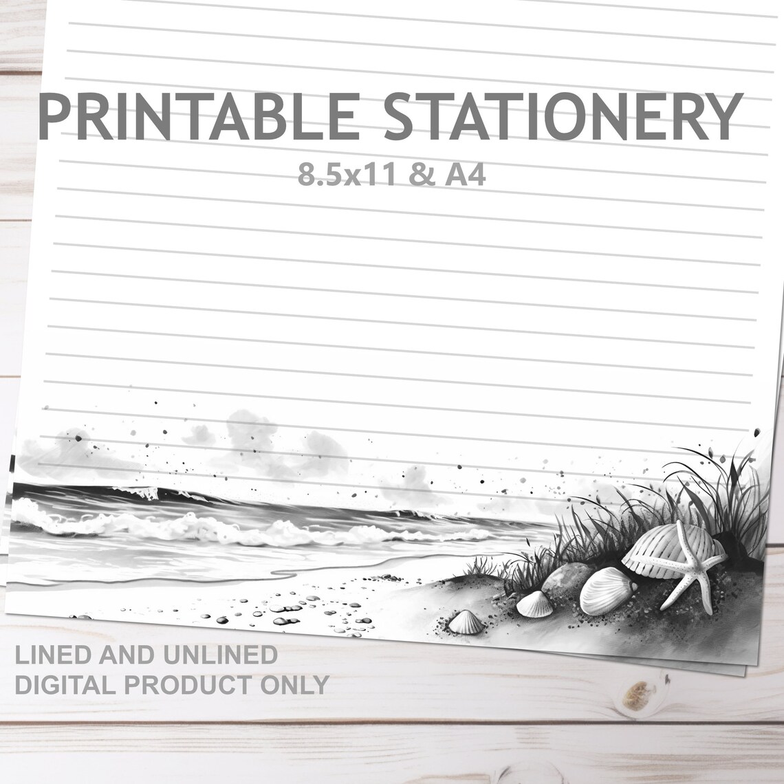 Ink Saver Beach Sailboat Grayscale Printable Stationery in A4 and 8 ...