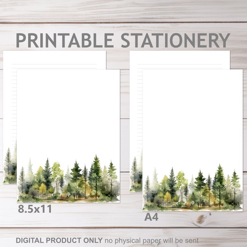 Watercolor Forest Trees Printable Stationery Lined and Unlined in A4 ...