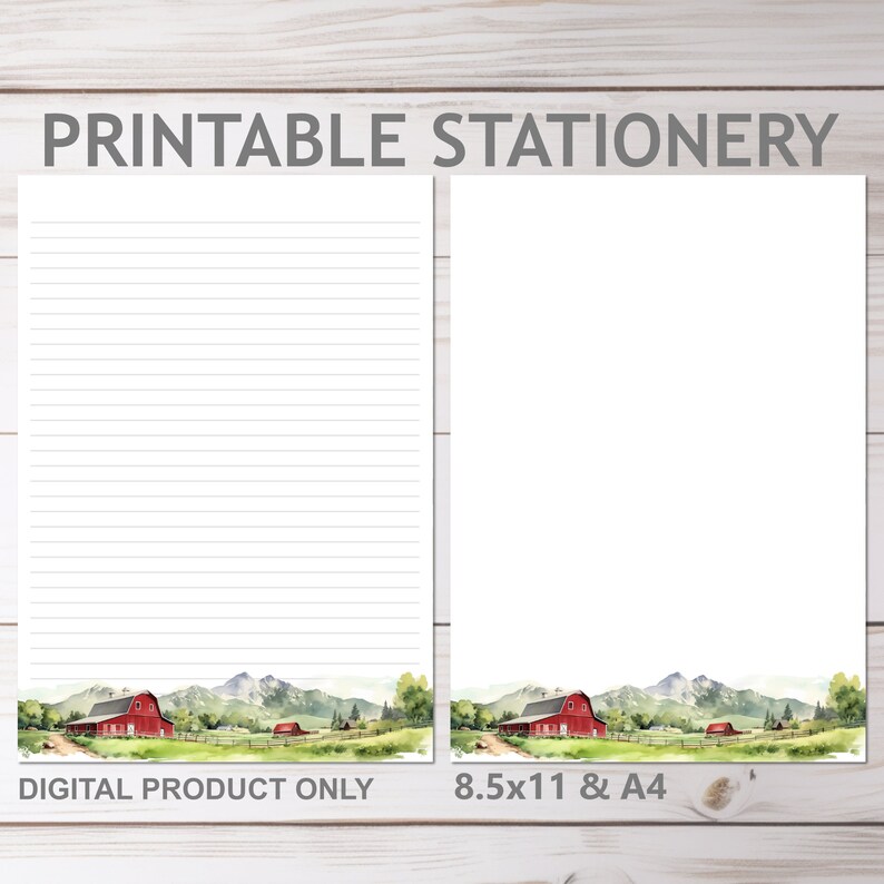 Red Barn Farm Mountain Printable Stationery Lined and Unlined in A4 and ...