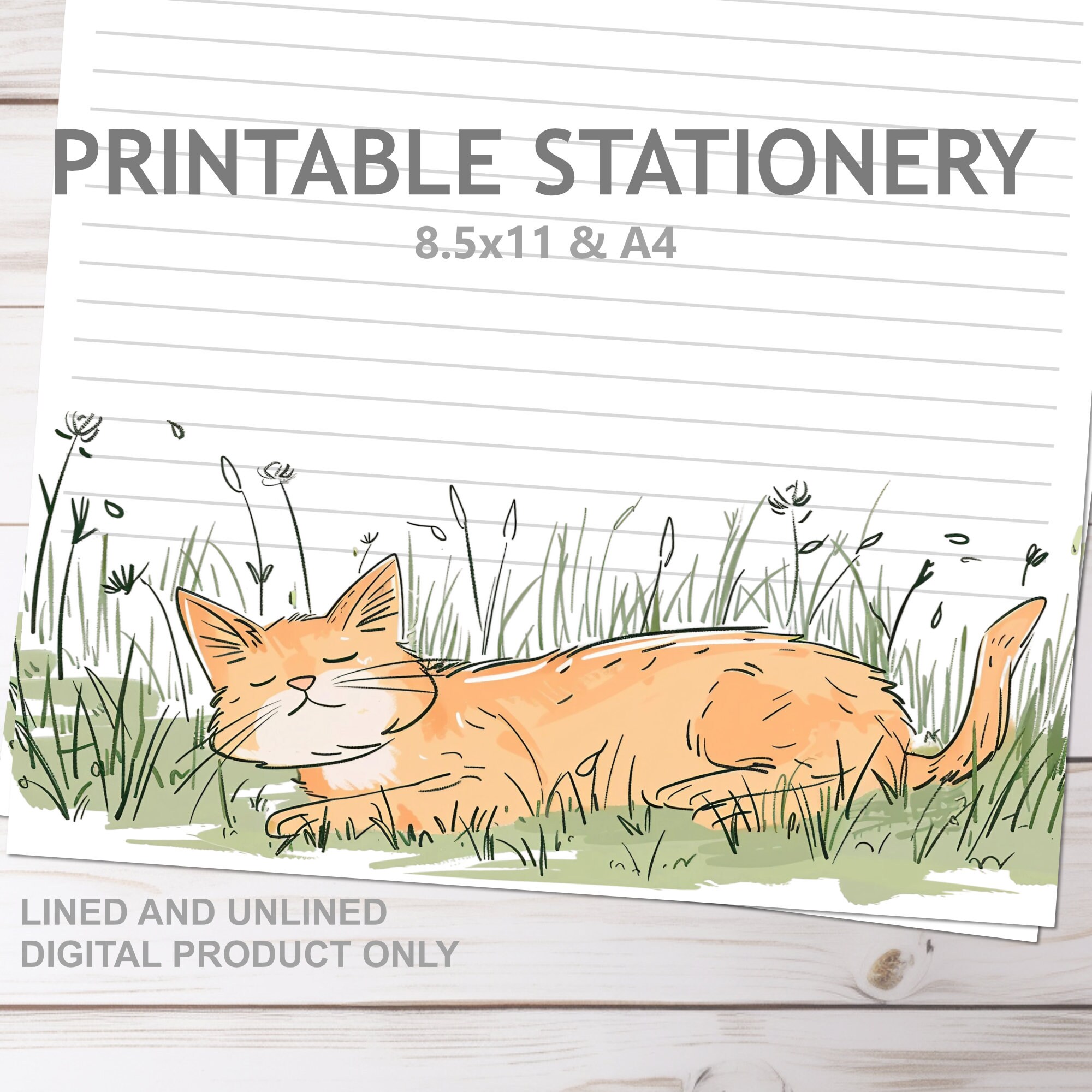 Cute Cats in Grass Printable Stationery in A4 and 8.5x11 US Letter Size ...