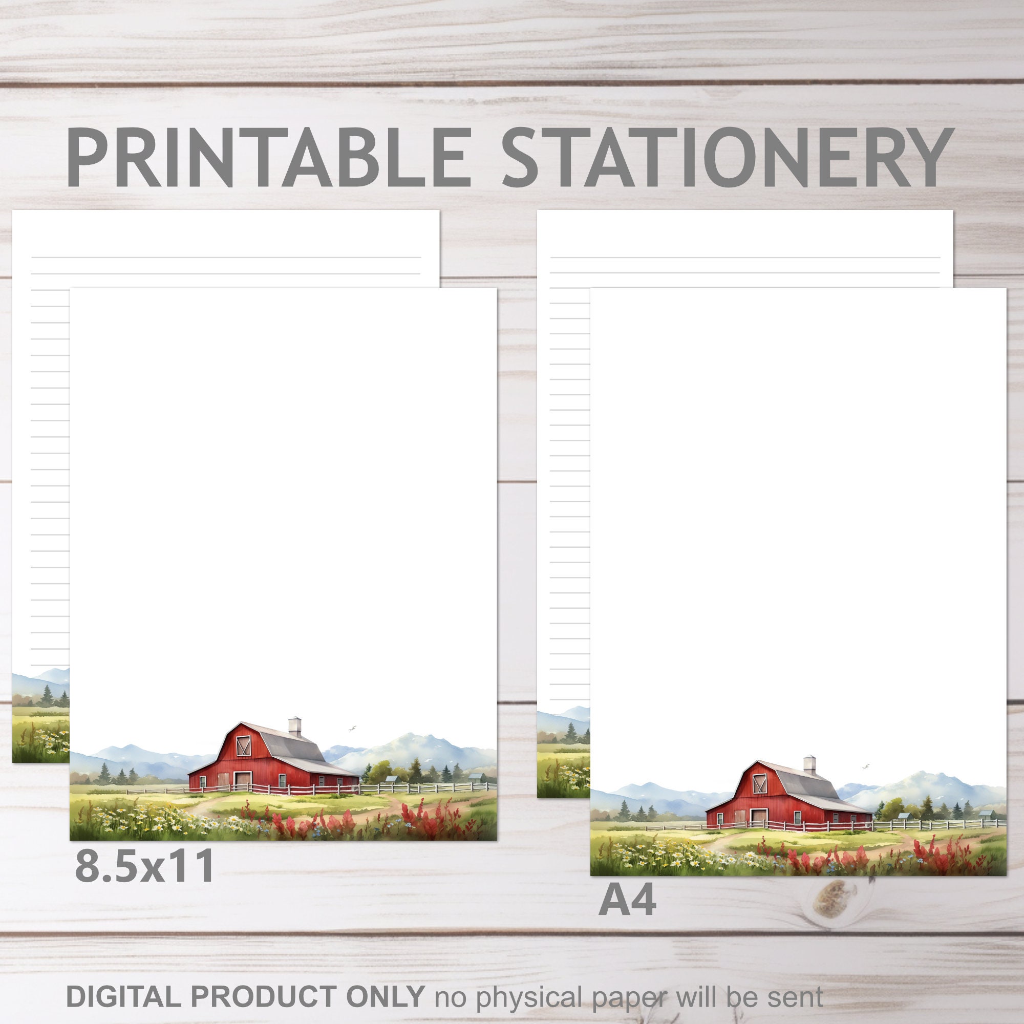 Red Barn Farm Set Mountain Printable Stationery Lined No Lines A4 & 8 ...