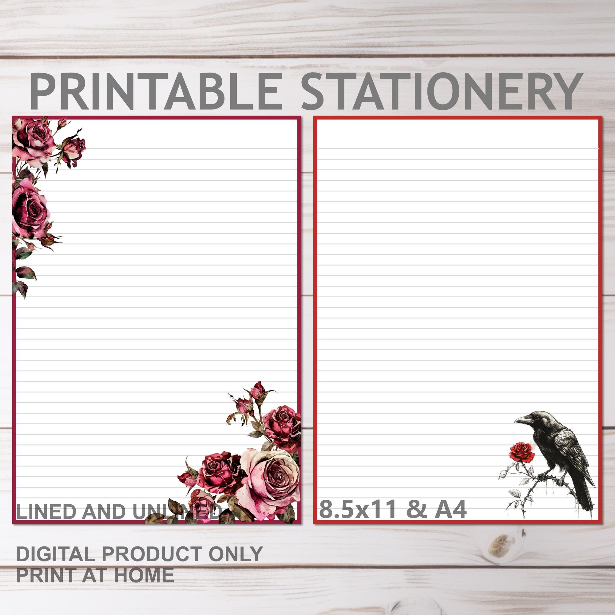 Gothic Roses and Raven Printable Stationery A4 8.5x11 US Letter Size ...