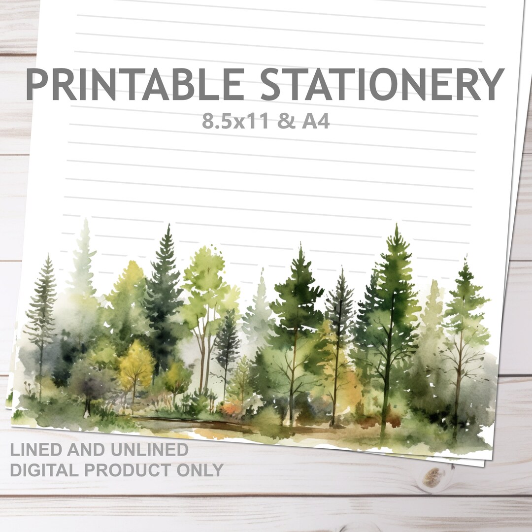 Watercolor Forest Trees Printable Stationery Lined and Unlined in A4 ...