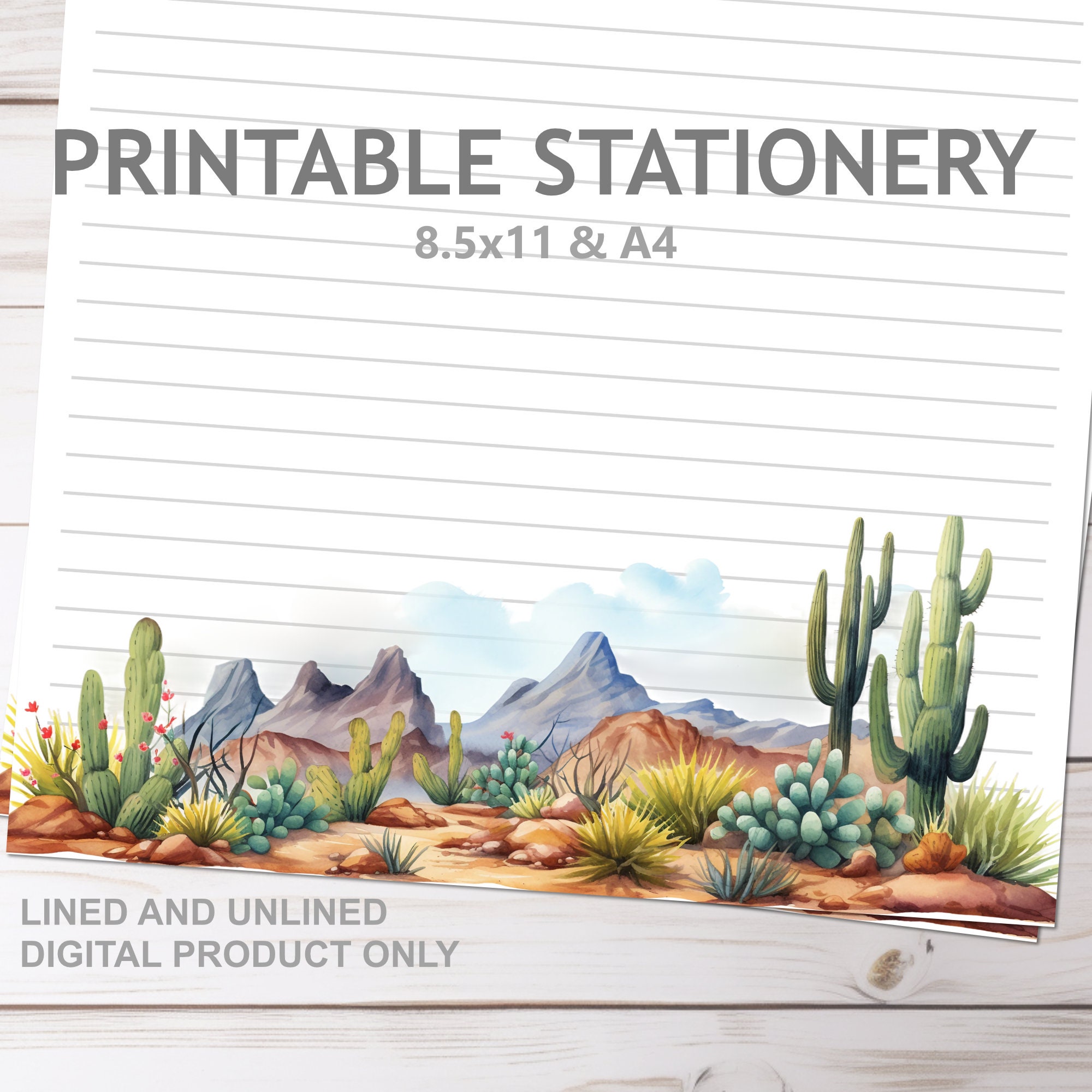 Desert Cactus Mountains Printable Stationery Paper Lined and Without ...