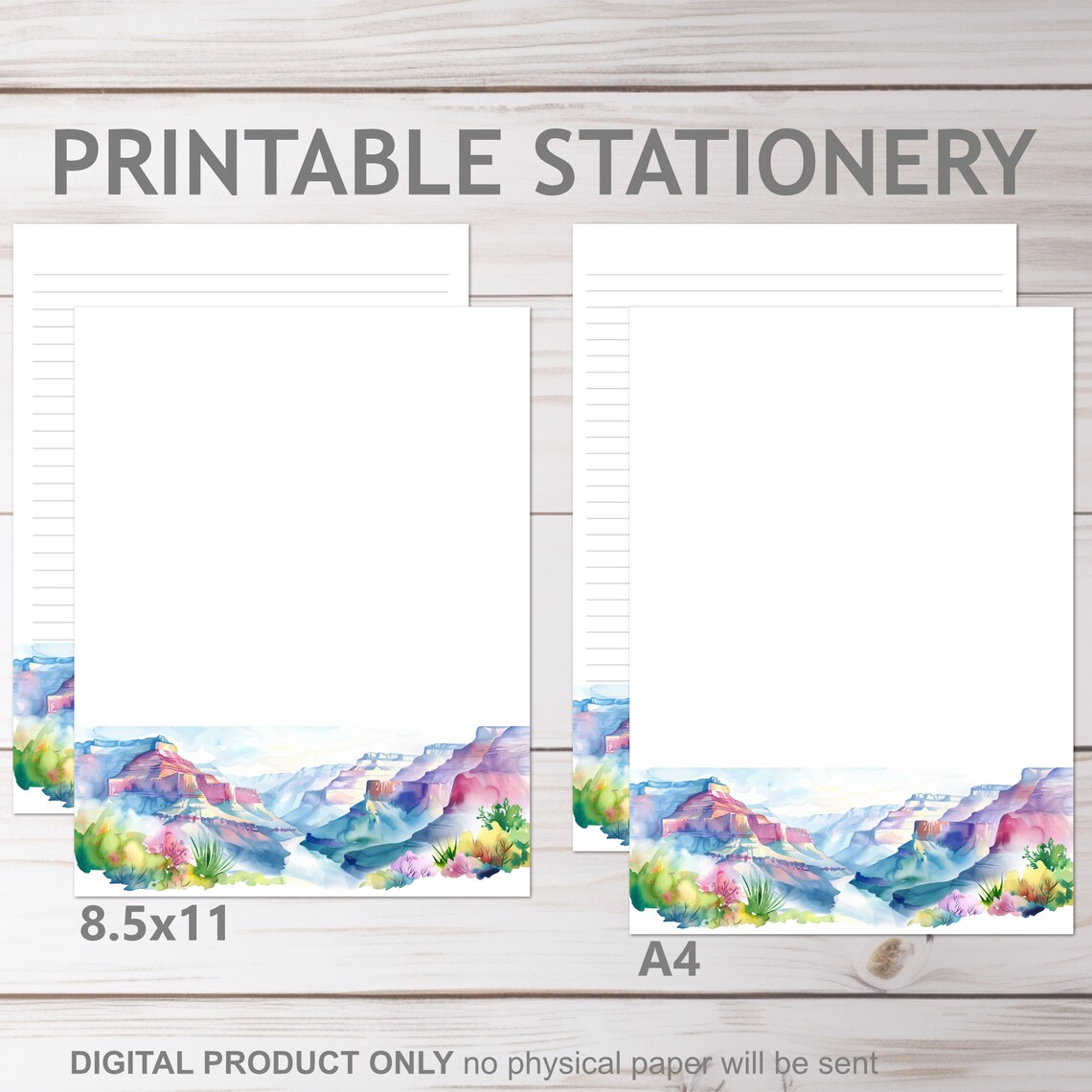 Desert Mountain Sunset Printable Stationery Lined and Unlined in A4 and ...