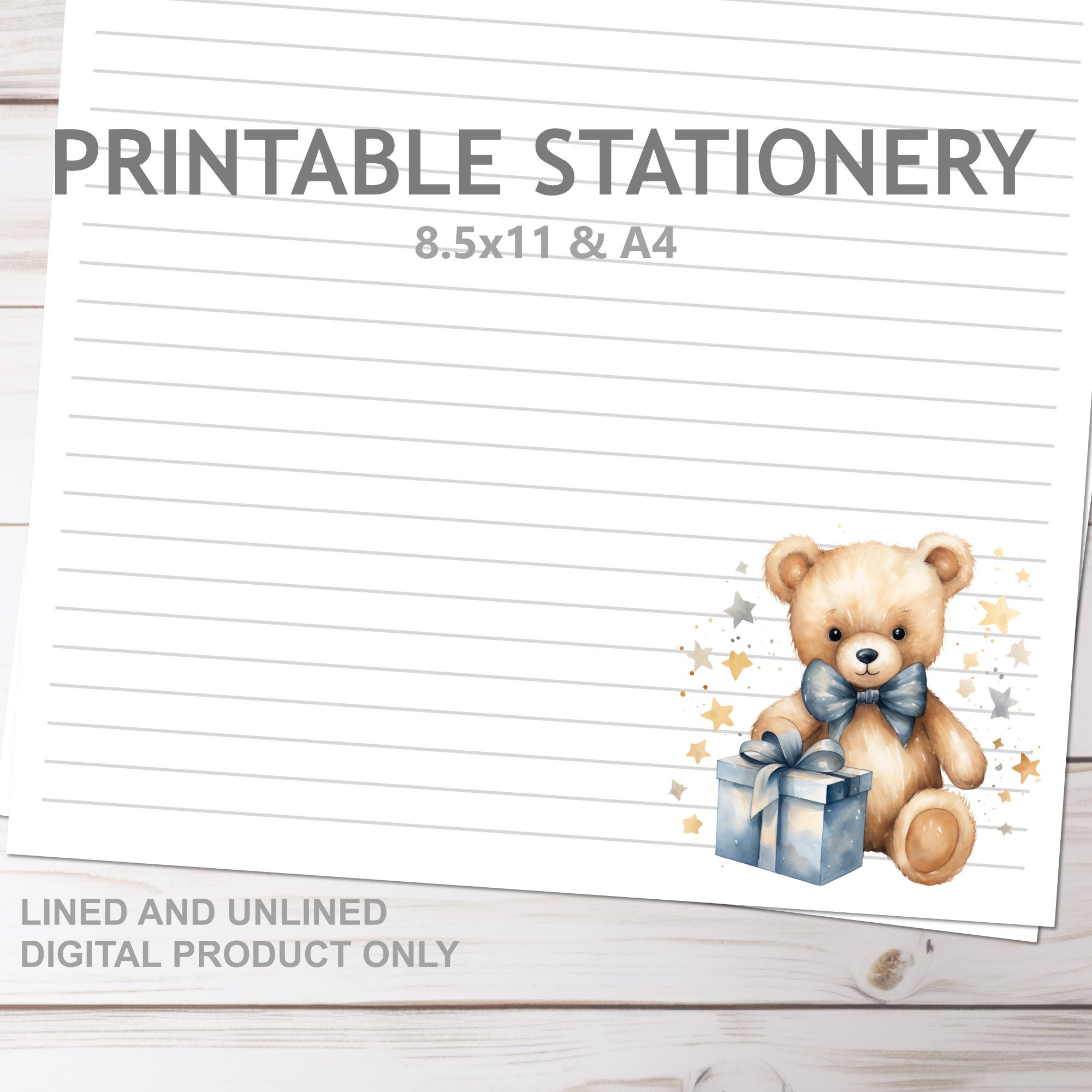 Teddy Bear Set Printable Stationery Lined and Unlined in A4 and 8.5x11 ...