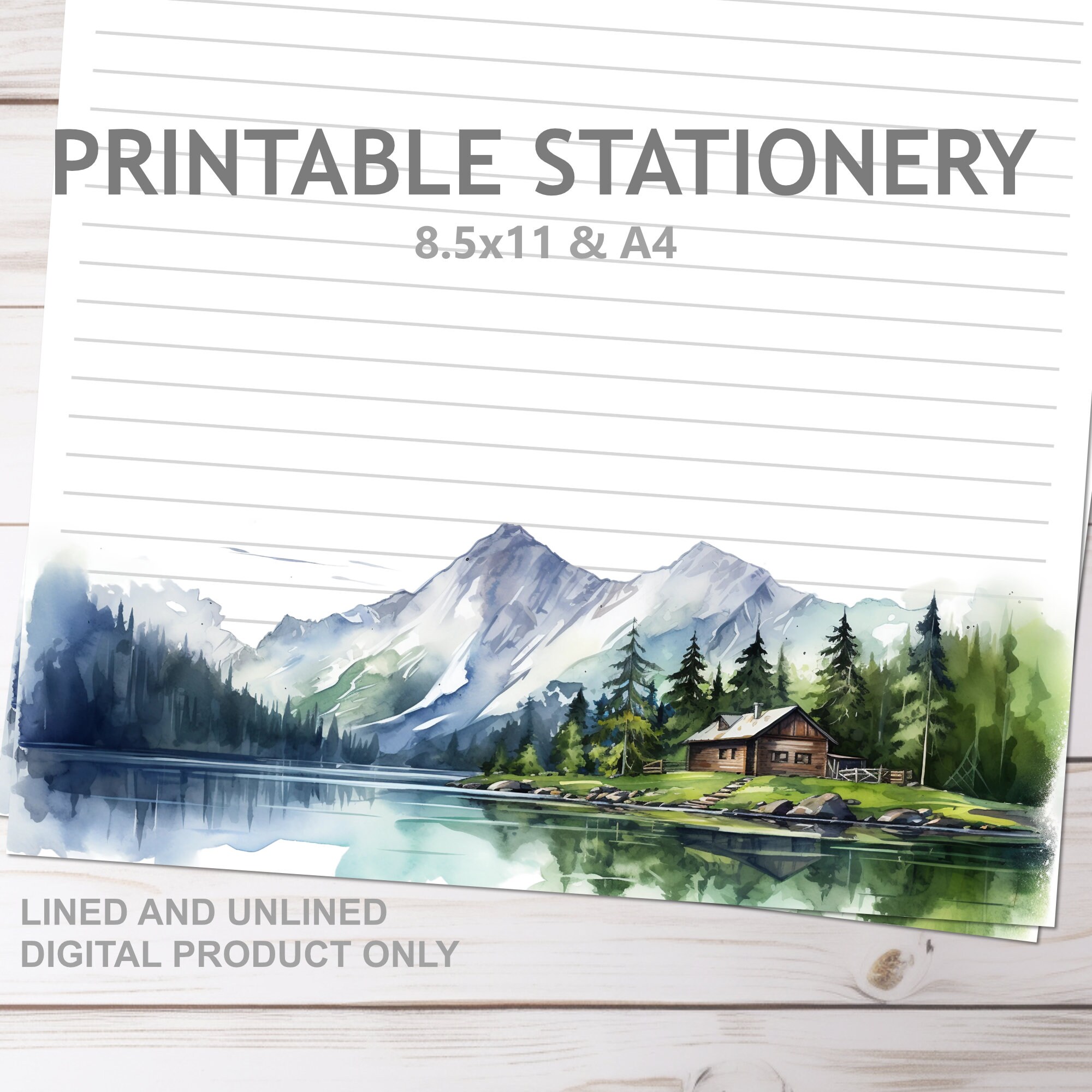 Mountain Log Cabin Printable Stationery Paper Lined and Without Lines ...