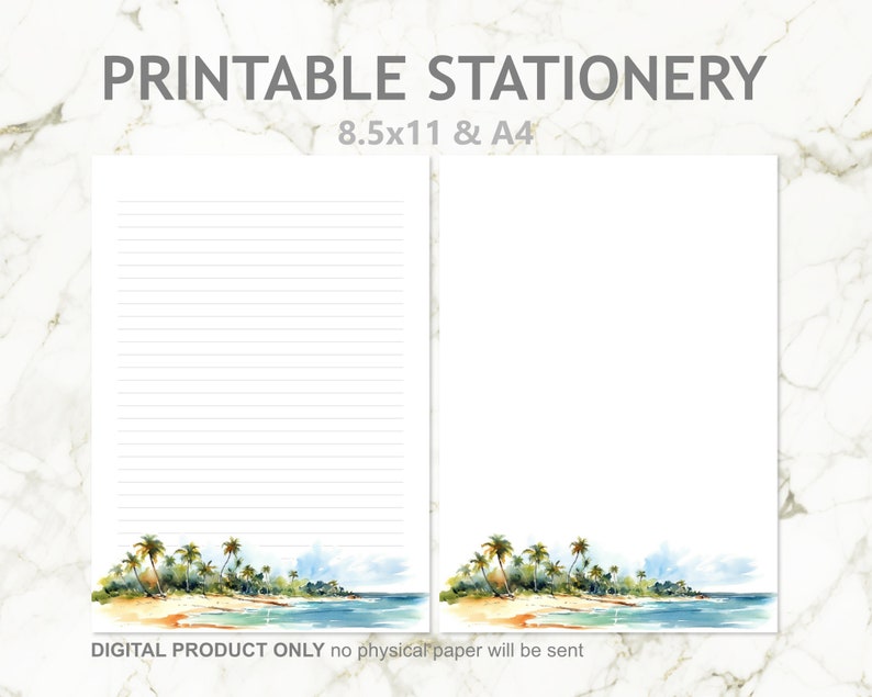 Tropical Island Beach Printable Stationery Lined and Unlined in A4 and ...