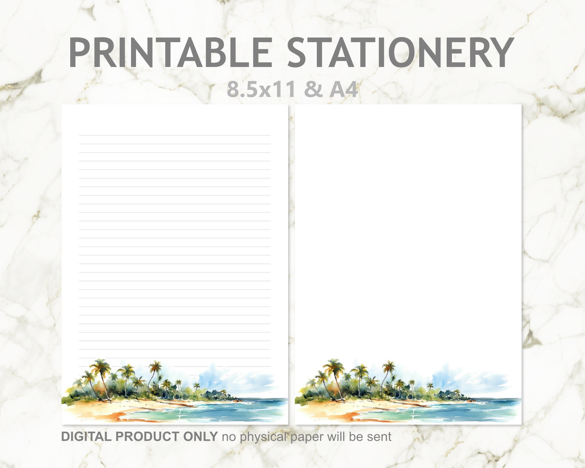Tropical Island Beach Printable Stationery Lined and Unlined in A4 and ...