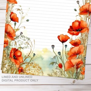 Poppies Flowers Watercolor Printable Stationery Set Lined and Unlined ...