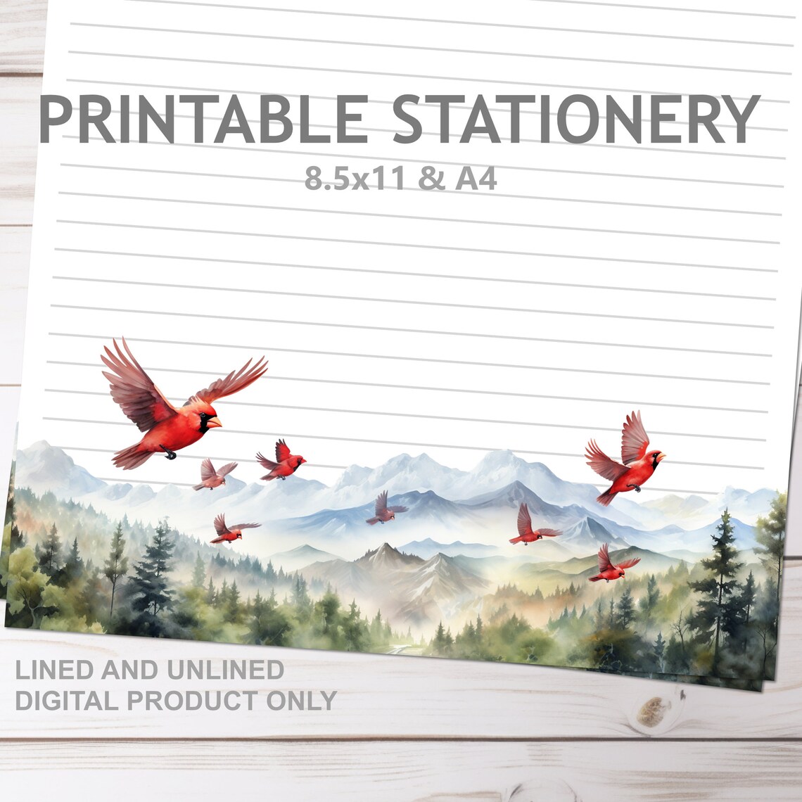 Red Cardinals Mountain Printable Stationery Lined and Unlined in A4 and ...