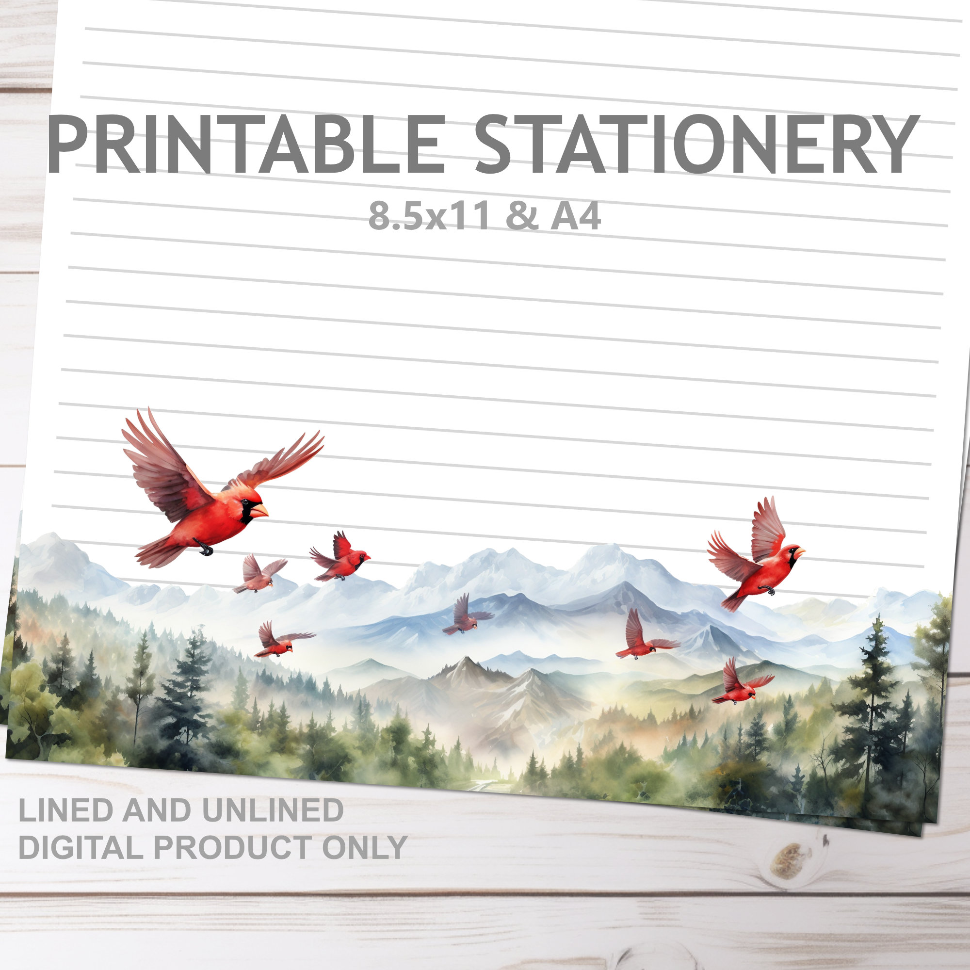 Red Cardinals Mountain Printable Stationery Lined and Unlined in A4 and ...