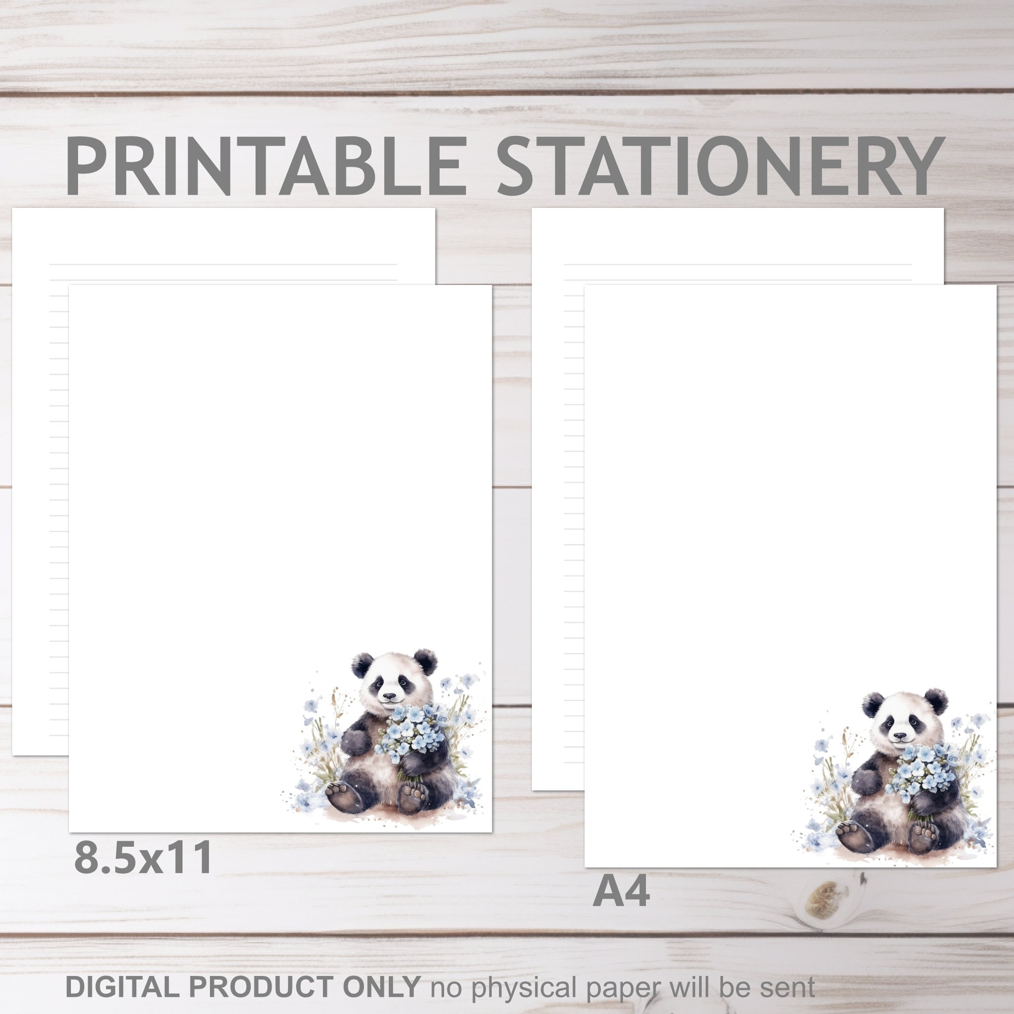 Panda With Flowers and Bamboo Printable Stationery Set Lined and ...