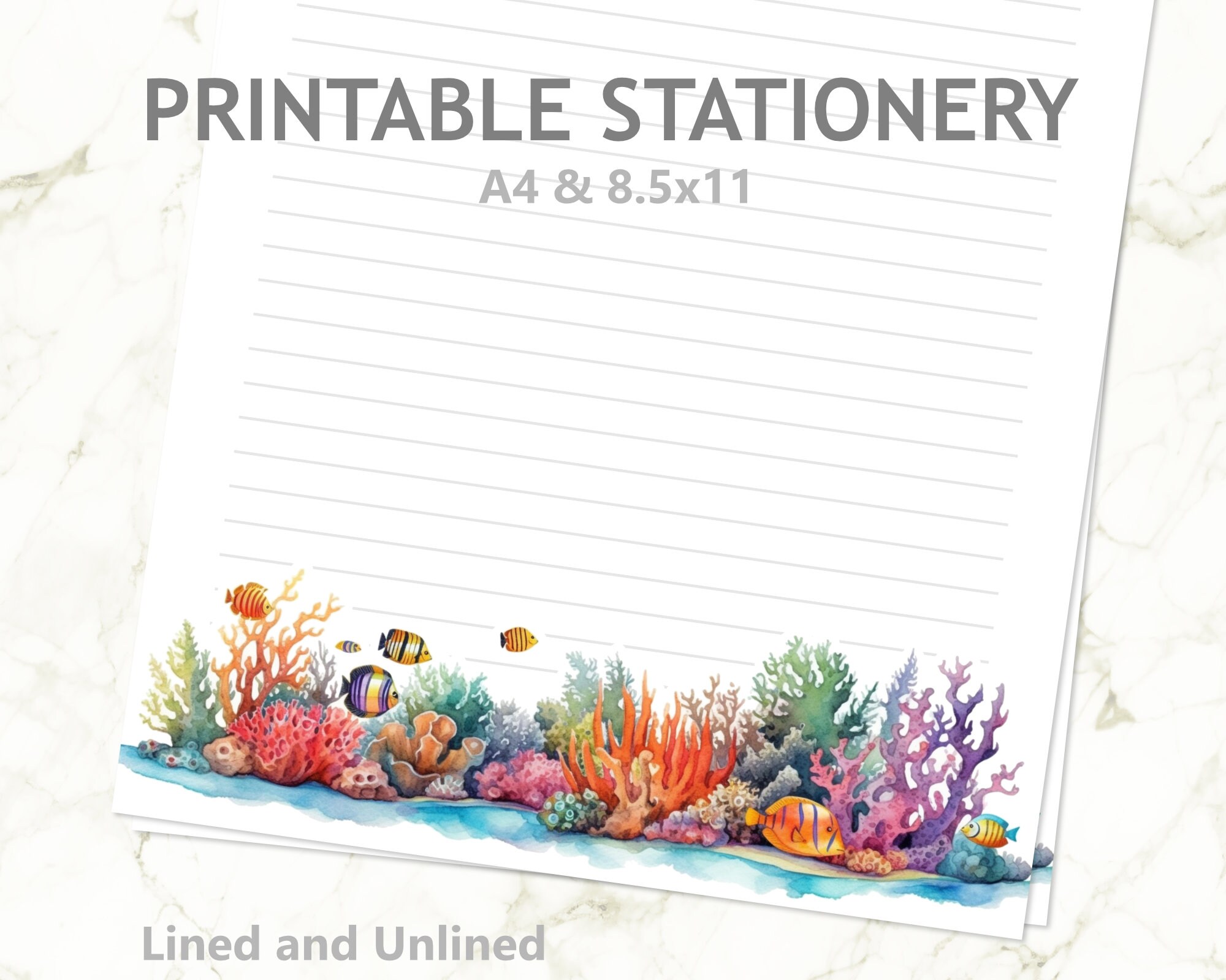 Coral Reef Tropical Fish Printable Stationery Set Lined and - Etsy