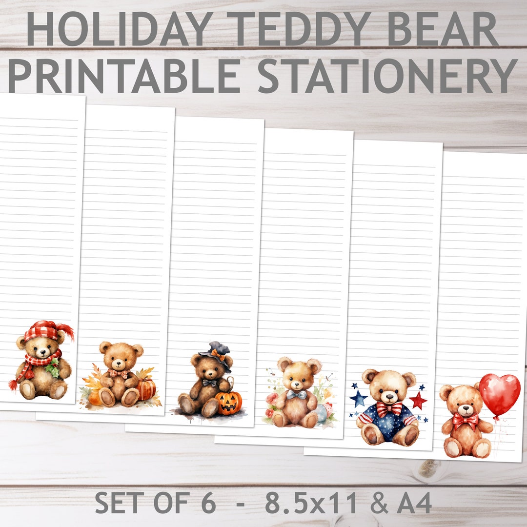 Teddy Bear Holiday Set Printable Stationery Lined and Unlined in A4 and ...