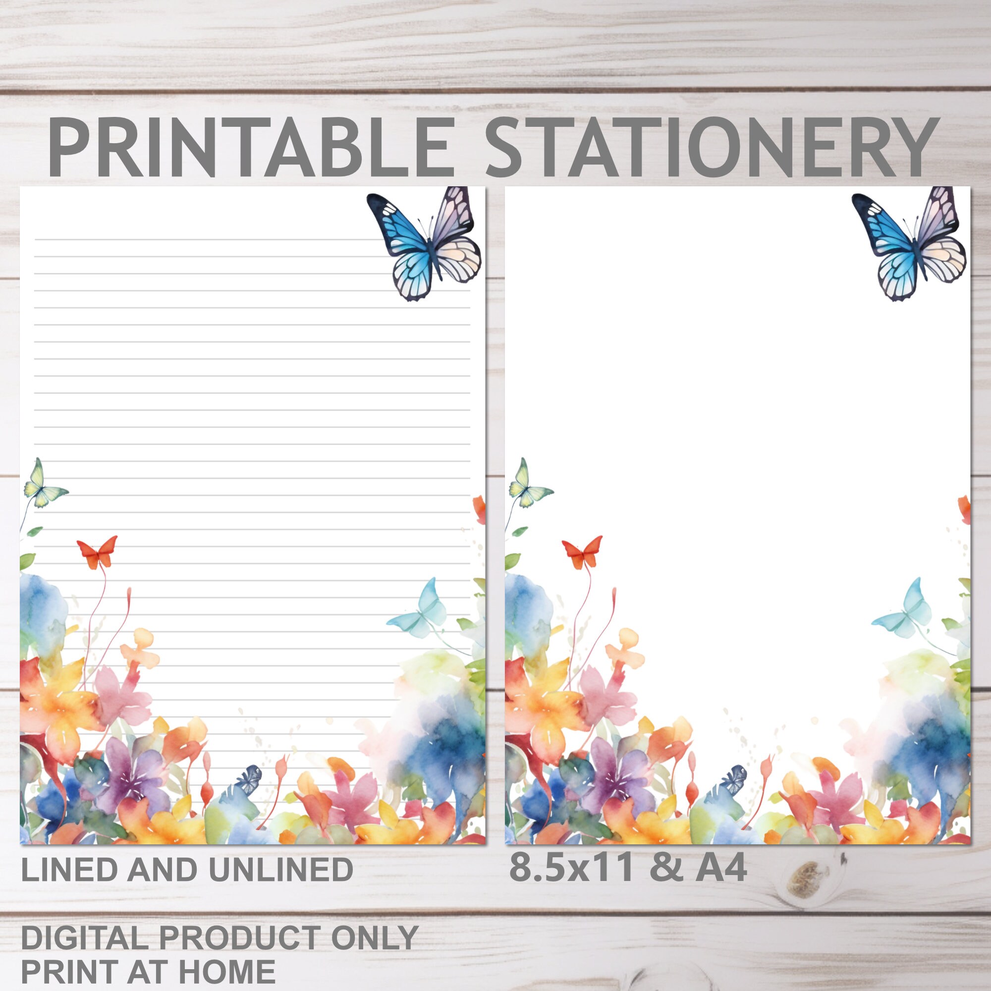 Wildflower Butterfly Spring Flowers Printable Stationery Lined No Lines ...