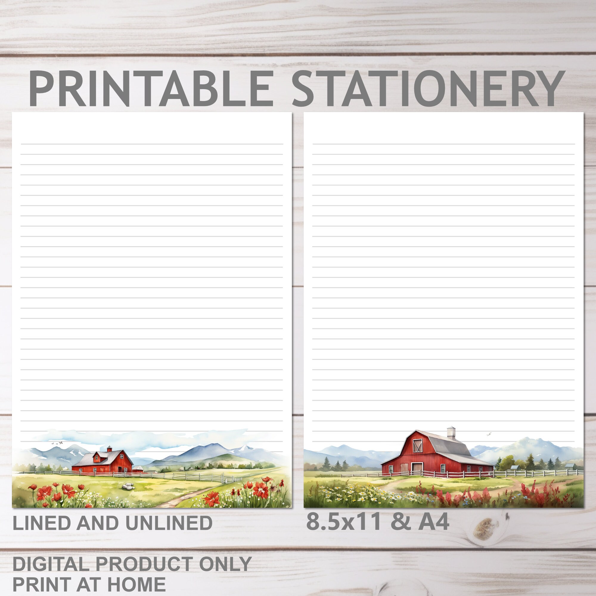 Red Barn Farm Set Mountain Printable Stationery Lined No Lines A4 & 8 ...
