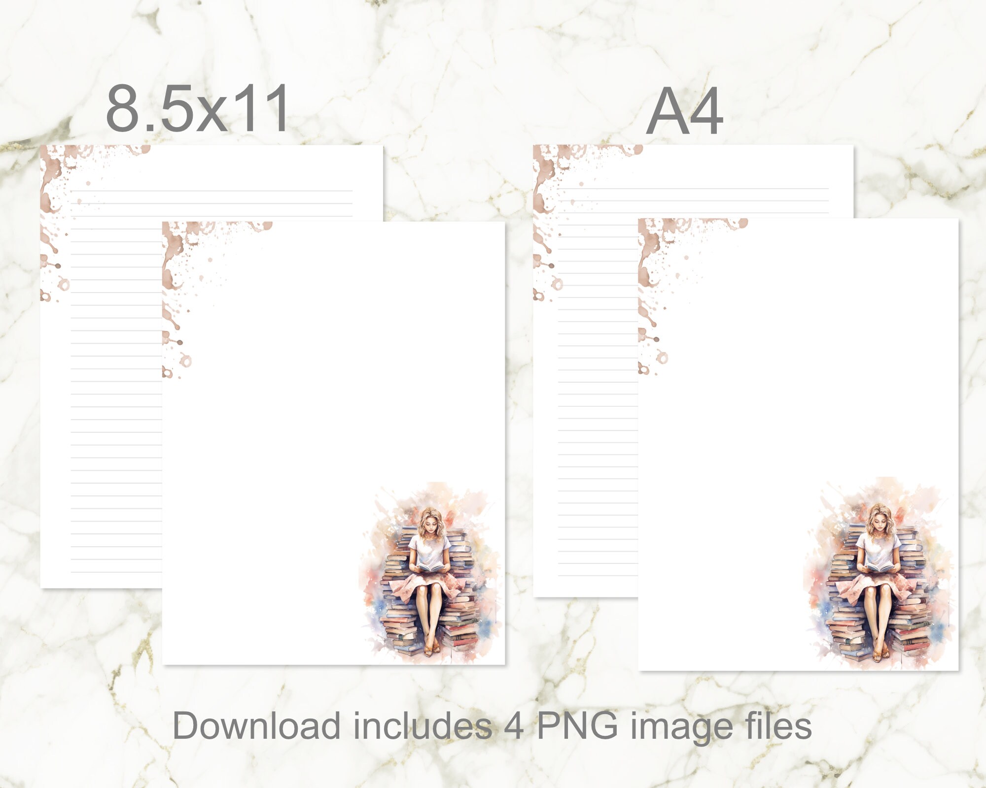 Girl Reading on Stack of Books Printable Stationery Set Lined and ...