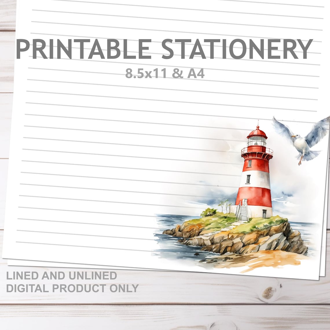 Lighthouse Seagull Ocean Printable Stationery Lined and Unlined in A4 ...