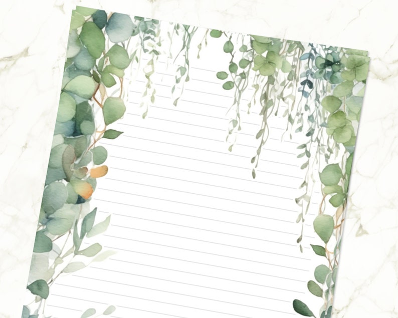Eucalyptus Leaves and Vines Printable Stationery Set Lined and Unlined ...