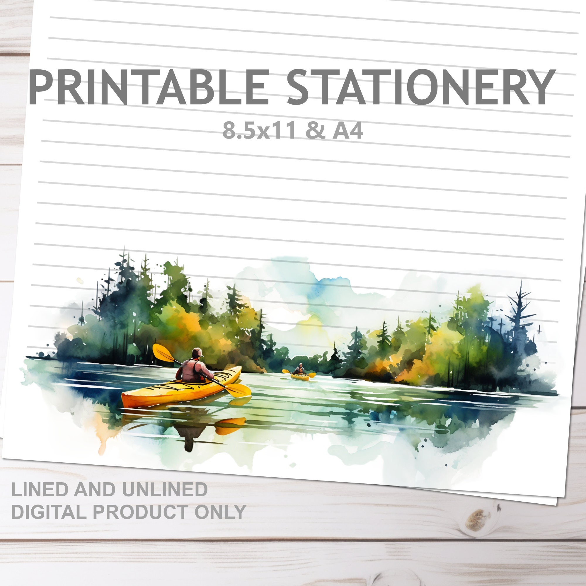 Kayak Lake Ocean Beach Printable Stationery Paper Lined and Without ...