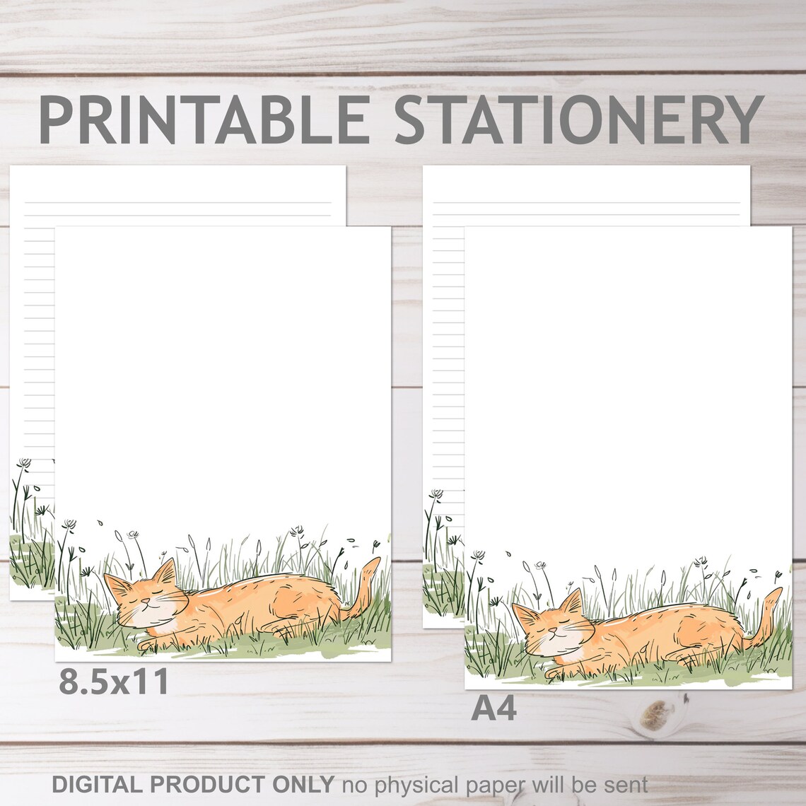 Cute Cats in Grass Printable Stationery in A4 and 8.5x11 US Letter Size ...