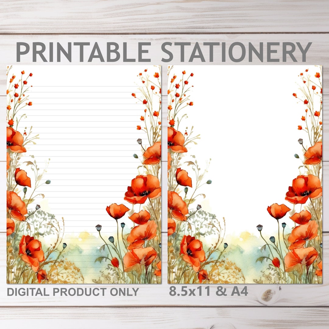 Poppies Flowers Watercolor Printable Stationery Set Lined and Unlined ...
