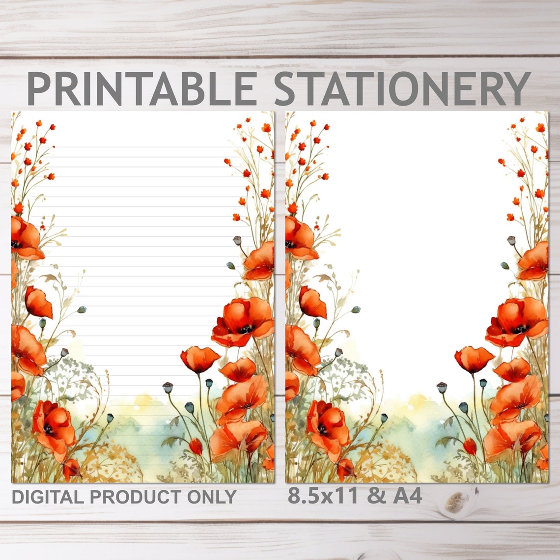 Poppies Flowers Watercolor Printable Stationery Set Lined and Unlined ...