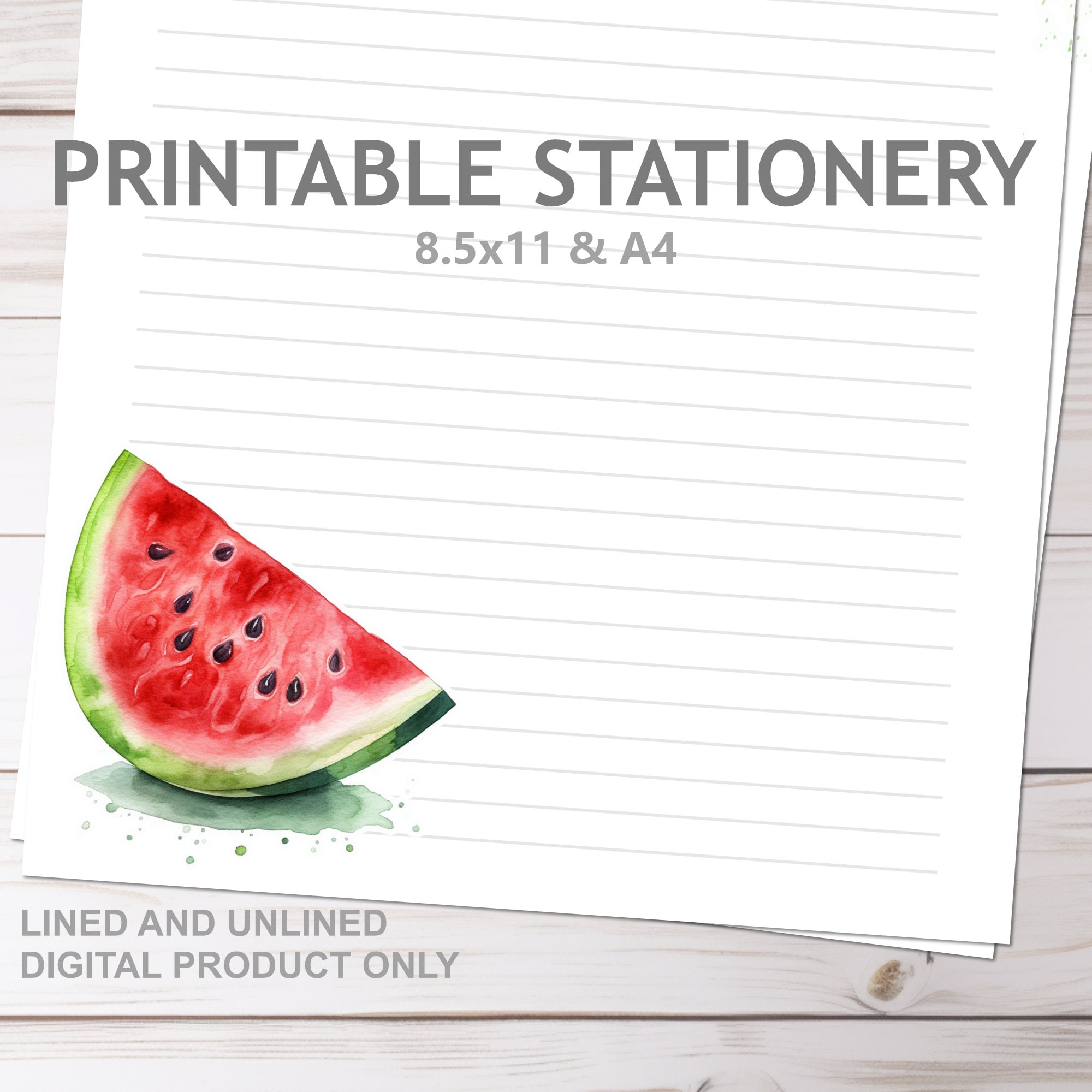Watercolor Watermelon Printable Stationery Lined and Unlined in A4 and ...