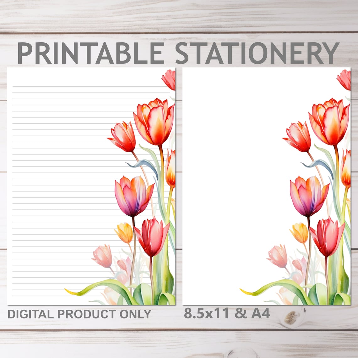 Tulip Flowers Printable JW Floral Stationery Lined and Unlined in A4 ...