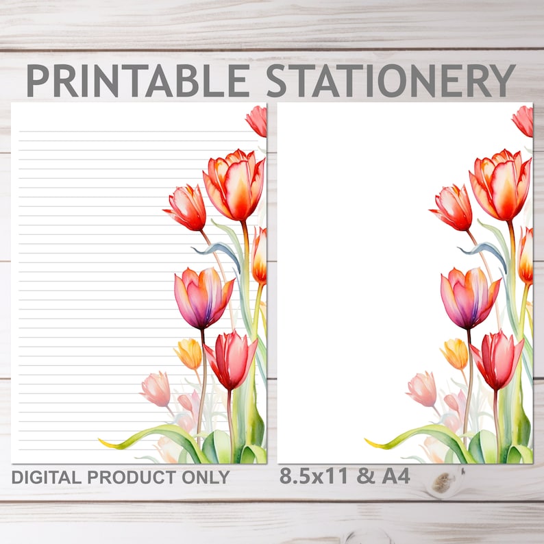 Tulip Flowers Printable JW Floral Stationery Lined and Unlined in A4 ...