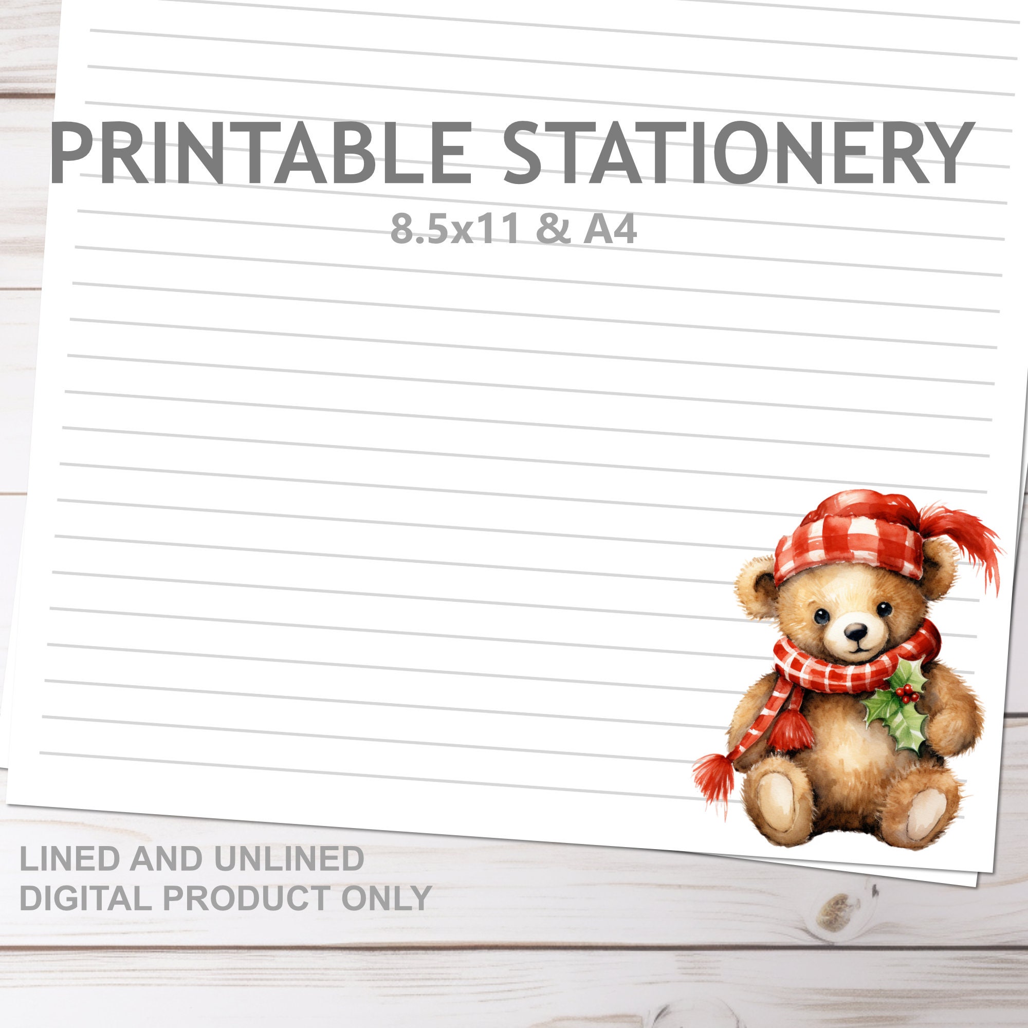 Teddy Bear Holiday Set Printable Stationery Lined and Unlined in A4 and ...
