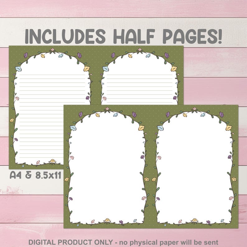 Flower Border Printable Stationery A4 8.5x11 US Letter Size - Cute ...