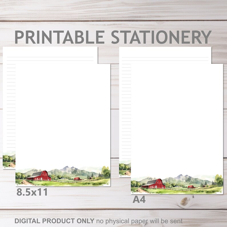 Red Barn Farm Mountain Printable Stationery Lined and Unlined in A4 and ...