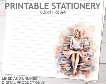Girl Reading on Stack of Books Printable Stationery Set Lined and ...