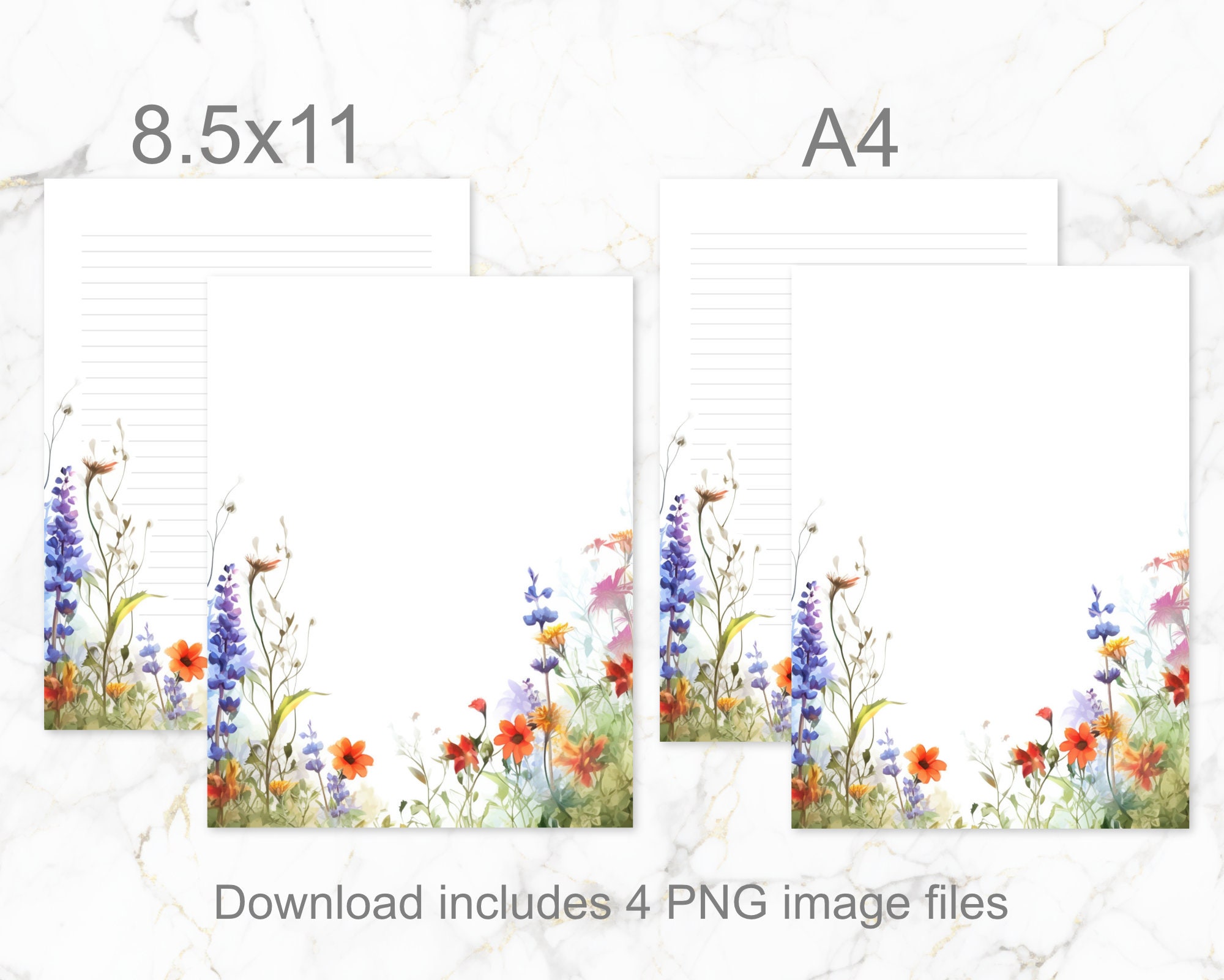 Wildflower Printable Stationery Lined and Unlined in A4 and 8.5x11 US ...