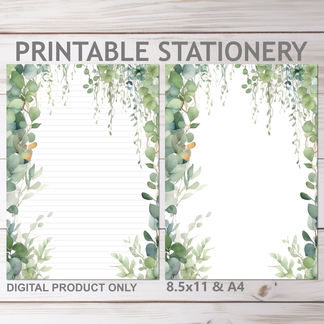 Eucalyptus Leaves and Vines Printable Stationery Set Lined and Unlined ...