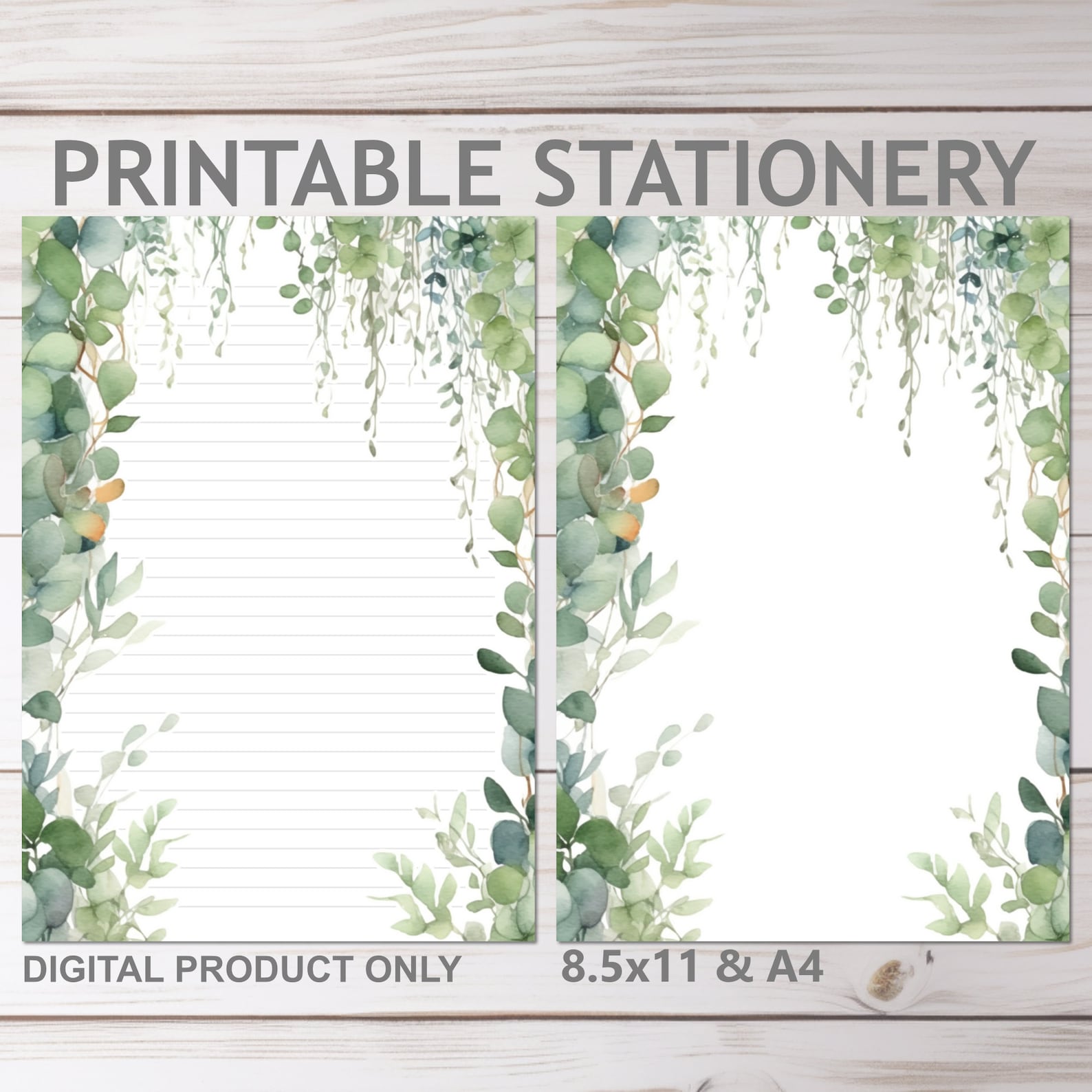 Eucalyptus Leaves and Vines Printable Stationery Set Lined and Unlined ...