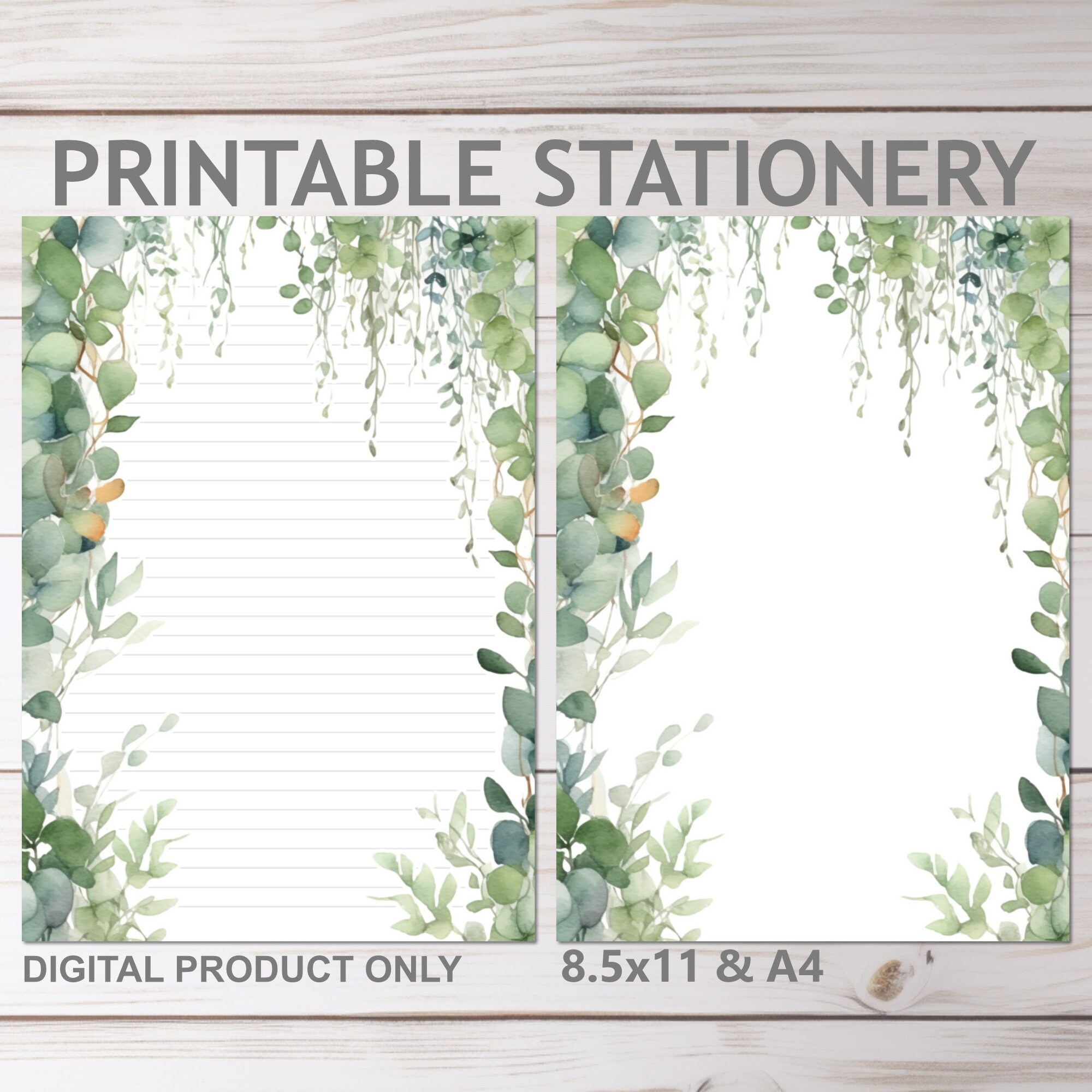 Eucalyptus Leaves and Vines Printable Stationery Set Lined and Unlined ...